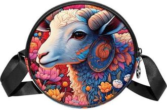 Generic Petit sac &agrave; bandouli&egrave;re rond pour femme, motif mouton color&eacute; avec fermeture &eacute;clair, bretelles r&eacute;glables, sac &agrave; main rond d&eacute;contract&eacute; pour femmes et fi