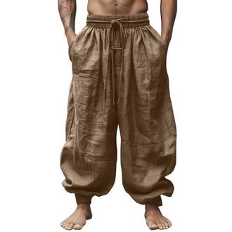 Generic Pantalon de jogging pour homme - Pantalon en lin - Pantalon d&eacute;t&eacute; ample - Cordon de serrage - Taille &eacute;lastique - Jambe large - Couleur unie - Confortab
