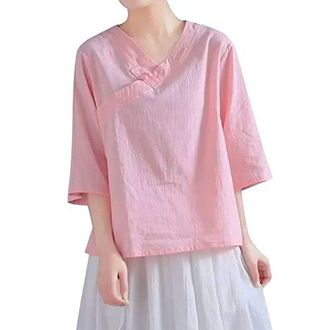 Generic Chemises d&eacute;t&eacute; en coton et lin pour femme, t-shirt chinois &agrave; manches cinq points, coupe ample et confortable, col en V, rose, XXL