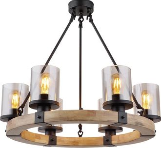 Globo Lighting Kronleuchter Esstisch Pendellampe schwarz Holz Schlafzimmerlampe Glas 6-flammig, Metall, 6x E27 Fassungen, DxH 59x98 cm