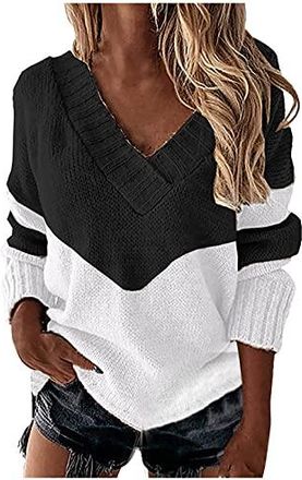 Generic Pull &agrave; rayures Colorblock pour femme - Pull en tricot - Col en V - Manches longues - D&eacute;contract&eacute; - Couleur unie - Pull Tops, Noir, L