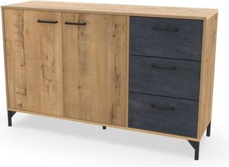 PEGANE Buffet commode meuble de rangement coloris chêne doré/effet marbre noir - Longueur 135 x Profondeur 40 x Hauteur 85 cm
