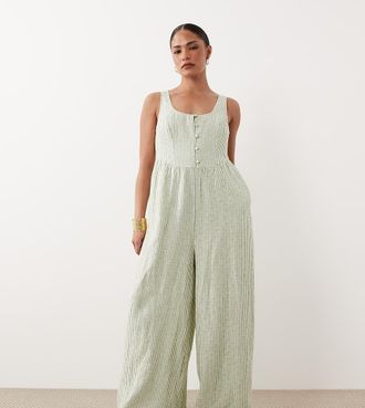 Nobody's Child Cora - Gestreifter Jumpsuit aus Leinenmix in Gr&uuml;n mit Knopfleiste