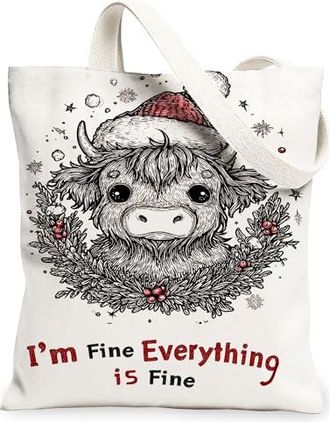 Generic Sacs fourre-tout en toile de vache de No&euml;l, sacs d&eacute;picerie r&eacute;utilisables avec imprim&eacute; animal rustique, sacs d&eacute;picerie vintage, l&eacute;gers et lavables, bla