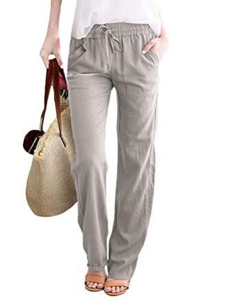 Onsoyours Pantalon Femme Lin Taille Haute Elastique Pantalon Large Femme Chic Et Elegant Pantalon Fluide Femme &eacute;te Baggy Detente Pantalon de Travail Femme Mode 