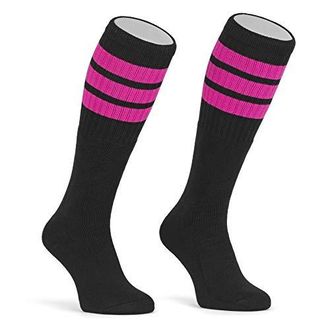 Skatersocks Chaussettes Chaussette hautes pour femme - Rayures - 52 cm - Taille genou - Style r&eacute;tro - Noir - Rayures roses