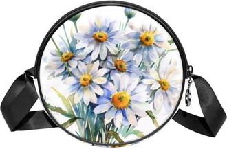 Generic Sac &agrave; bandouli&egrave;re rond pour femme, motif fleurs de camomille, petit sac &agrave; bandouli&egrave;re avec fermeture &eacute;clair, bretelles r&eacute;glables, sac &agrave; main rond d&eacute;co
