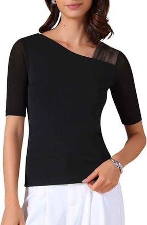 Allegra K T-Shirt Basique Extensible Femme &agrave; Manches Mi-Longues Couleur Unie, Coupe Slim, D&eacute;contract&eacute; et Moulant Noir XS