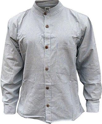 Shopoholic Fashion Chemise Grand-père à Rayures pour Hommes, vêtements Hippies en Coton tissé à la Main à Manches Longues et col Bande, L. Bleu, 4XL