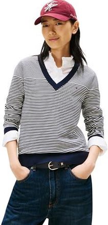 Tommy Hilfiger Co Jersey Stitch V-NK Sweater Ww0Ww40098 Pull-Over, Blue (Bretton Stripe Dark Night Navy), XXS Womens