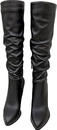 E.SSUE Santiags Femme Haut Boots PU Bottes Cavalière à Talons Botte Indiennes Cuissardes Bottes Mollets Larges Femme Plates Montantes Bottines Talon Plat Mot