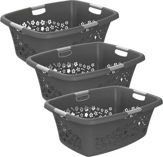 Rotho 3er-Set Wäschekorb Flowers 50l, Kunststoff (PP) BPA-frei, anthrazit, 3x50l, (65,1 x 49 x 26,2 cm)