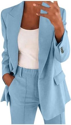Generic Costume 2 pi&egrave;ces pour femme - Blazer boutonn&eacute; &agrave; revers - Veste et pantalon - Ensemble assorti, bleu clair, 5XL