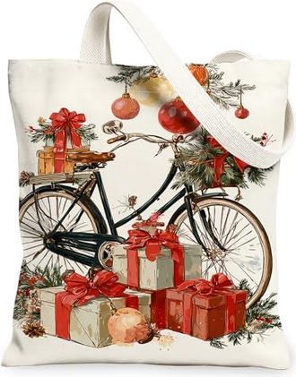 Generic Sacs fourre-tout en toile pour v&eacute;lo de No&euml;l, cadeaux de vacances, sacs de courses r&eacute;utilisables, sacs &agrave; provisions dhiver, vintage, l&eacute;gers et lavables