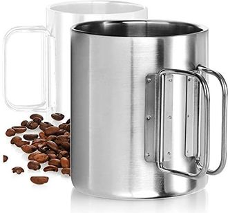 Com-Four Com-four Tasse &agrave; Caf&eacute; en Acier Inoxydable 304 - Isotherme Double Paroi 300 ML - Poign&eacute;e Pliante - Sans BPA (Argent, 1 Pi&egrave;ce)