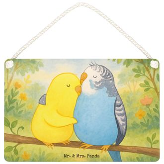Mr. & Mrs. Panda Schild Wellensittich Liebe Design DIN A5 - Geschenk, Verknallt, Kuscheln, Freundin, T&uuml;rschild Familie, Wandbild Holz, Holzschild, V&ouml;gel, Holztafel, Um