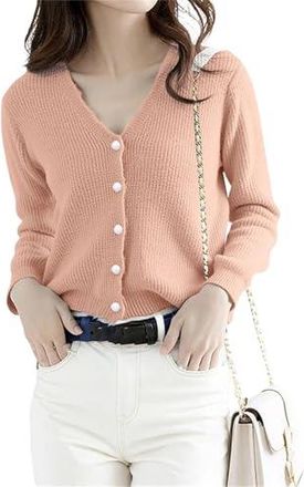 Generic Cardigan tricot&eacute; &agrave; col en V pour femme - Manches longues - Solide - D&eacute;contract&eacute; - Mince, rose, Taille Unique