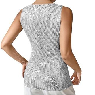 Generic D&eacute;bardeur pour femme &agrave; paillettes scintillantes haut &agrave; sequins grande taille, d&eacute;contract&eacute; col en V d&eacute;bardeur couleur unie top sans manches coupe d&eacute;con