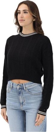 Tommy Jeans Femme, Pulls, Noir, Taille: 42 FR Pull Relax Coupe D&eacute;contract&eacute;e en Tricot C&acirc;bl&eacute; Drapeau