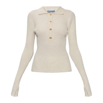 Ganni Fein gestricktes Piqu&eacute;-Polo mit Pailletten - - Knitwear - Damen - Beige - L