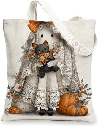 Generic Sacs fourre-tout en toile dHalloween, motif fantôme mignon, sacs de courses réutilisables, sacs de courses vintage légers et lavables avec bandoulière