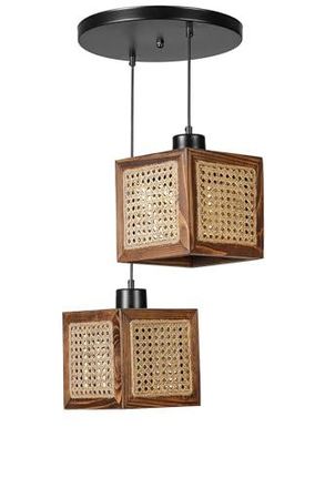 Opviq Elegant Chandelier with FIR Wood Body & Natural Rattan Cap, Adjustable Height 70 cm, E27 Socket, 18 cm Diameter | Stylish Walnut & Rattan Design for M