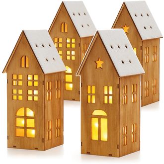 Com-Four 4x beleuchtetes Holzh&auml;uschen mit LED-Lichtern und Timer (6h an/18h aus) - Weihnachtsdekoration f&uuml;r Tisch oder Fensterbank - winterliche Holzdeko [Ausw