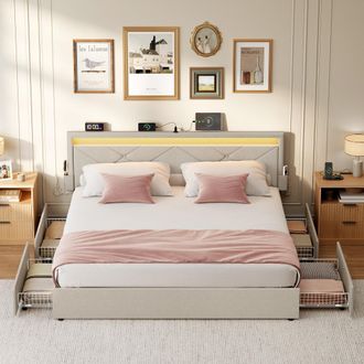 Vasagle Doppelbettgestell, Bettgestell, 160 x 200 cm, LED, Metallbett, 4 Schubladen, Ladestation, verstellbares gepolstertes Kopfteil, cappuccinobeige RMB828L