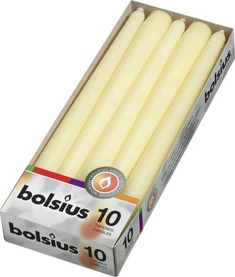 Bolsius 10 elfenbeinfarbene, kegelf&ouml;rmige Tafelkerzen von Bolsius, tropffrei, Brenndauer ca. 7,5 Stunden, 25 cm