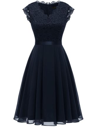 Dressystar Spitzen Cocktailkeid Elegant f&uuml;r Hochzeit Knielang Festlich Abendkleider Kurz AUP2050 Navy 2XL
