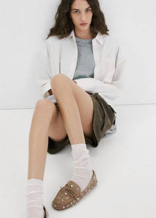 Mango Mocassin en daim &agrave; aillets sable - Femme - 35 - MANGO