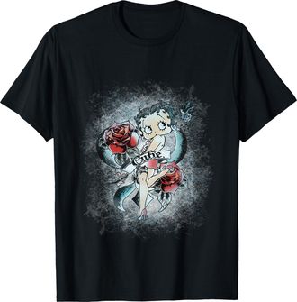 Betty Boop T-Shirt fr Mdchen mit Rosen-Ttowierung, Schwarz, S, Kurzarm, Klassisch, Cartoon-T-Shirt