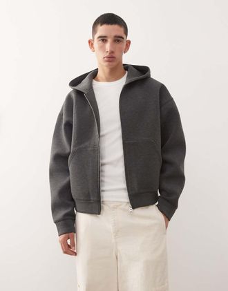 Weekday Simon - Sweat à capuche zippé - Gris chiné foncé en tissu façon néoprène