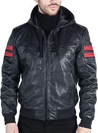 TruClothing Veste pour Homme en Cuir véritable avec Capuche Style Bomber USA Rayures - Noir 3XL