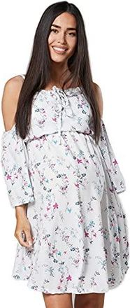 Happy Mama Happy Mama.Femme Maternit&eacute; Et Allaitement Robe &eacute;paules Froides Manches 3/4.604p (Blanc avec Petites Fleurs imprim&eacute;es, 42, XL)