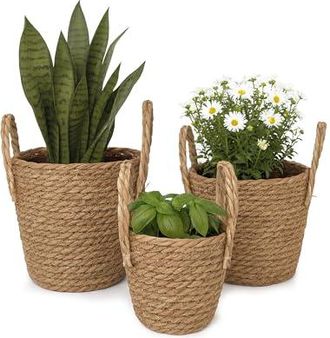 Relaxdays Blumentopf, 3er Set, Schilf, Pflanzentöpfe mit Folie & Griffen, 3 Größen, Boho-Style, runde Übertöpfe, Natur