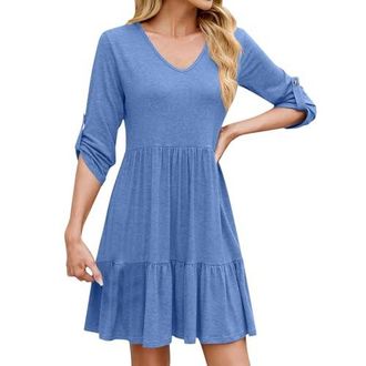 Generic Robe d&eacute;t&eacute; ample pour femme avec col en V, volants et plis pour femme au printemps et en &eacute;t&eacute;, bleu ciel, XXL