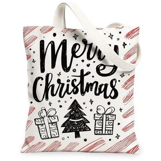 Generic Sacs fourre-tout en toile motif sapin de Noël, sacs dépicerie réutilisables, vintage, légers et lavables pour les voyages, blanc, 13x15 Inch