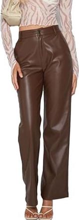 Generic Pantalon en Cuir pour Femme, Taille Haute, Coupe Droite, Style d&eacute;contract&eacute;, &eacute;vas&eacute;, en Similicuir, avec Boutons argent&eacute;s