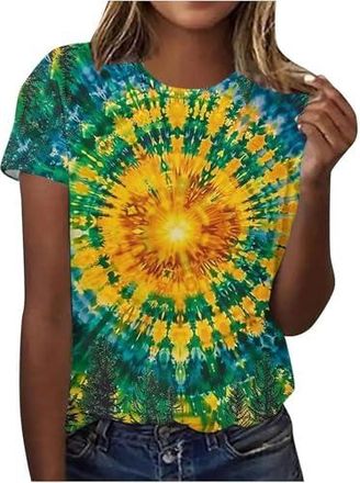 Generic T-shirt tie-dye pour femme avec imprim&eacute; animal - Costume de carnaval - F&ecirc;te amusante - Motif chat et vache - T-shirt &agrave; manches courtes et col rond - H