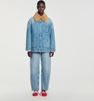 Sandro Manteau en jean col fausse fourrure