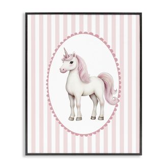 Stupell Industries Gerahmter Giclée-Kunst, sanftes Einhorn auf rosa Streifen, grau, Design von Christine Simpson Art, 50,8 x 40,6 cm