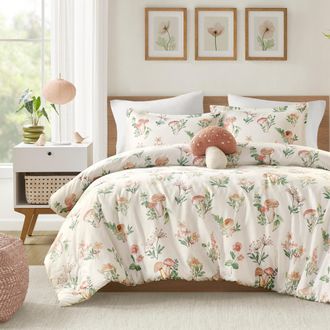 INTELLIGENT DESIGN Queen-Bettwäsche-Set, skurriles Blumen- und Pilz-Design, Mikrofaser, leicht, für alle Jahreszeiten, Daunen-Alternative, Kissen- und Deko-Kissen, Gwen,