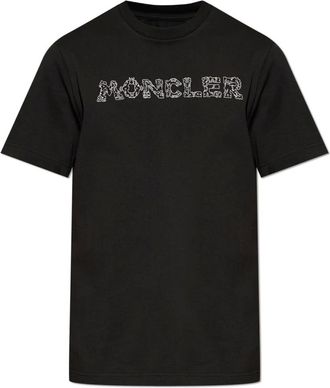 Moncler Homme, Tops, Noir, Taille: XL T-shirt en coton avec logo brod&eacute;