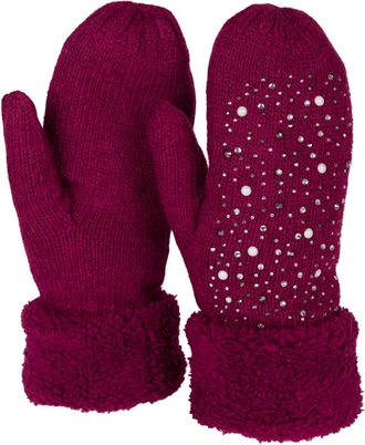 styleBREAKER Damen warme Winter Strick F&auml;ustlinge mit Strass und Perlen, Handschuhe, Thermo Fleece, Strickhandschuhe 09010039, Farbe:Bordeaux-Rot