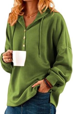 Generic Resemblancet Sweat &agrave; capuche surdimensionn&eacute; vintage &agrave; manches longues et col en V boutonn&eacute;, Vert, 4XL