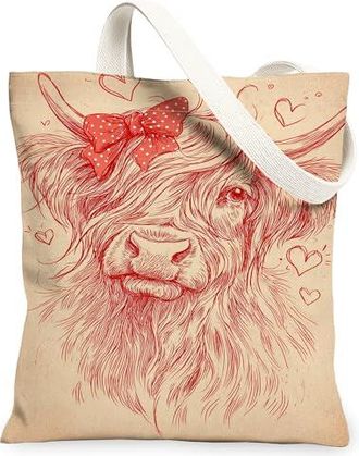 Generic Sac fourre-tout en toile avec motif animal mignon, imprim&eacute; vache des Highlands, sacs d&eacute;picerie r&eacute;utilisables, vintage, l&eacute;gers et lavables avec bandoul