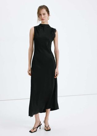 Mango Robe longue satin&eacute;e d&eacute;tails dentelle noir - Femme - XS - MANGO