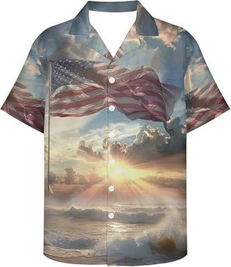 Keephen kewing Patriotique Drapeau USA Chemises Hommes/Femmes Aigle/Loup Impression 3D Chemise Hawaiienne Chemise &agrave; Boutons Cool Plage Vacances Col &agrave; Revers H