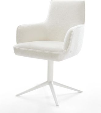 DELIFE Drehstuhl Heira-Flex mit Armlehnen Boucl&eacute; Soft Beige Fu&szlig;kreuz Wei&szlig; 360&deg; drehbar Wippfunktion Taschenfederkern, Esszimmerst&uuml;hle